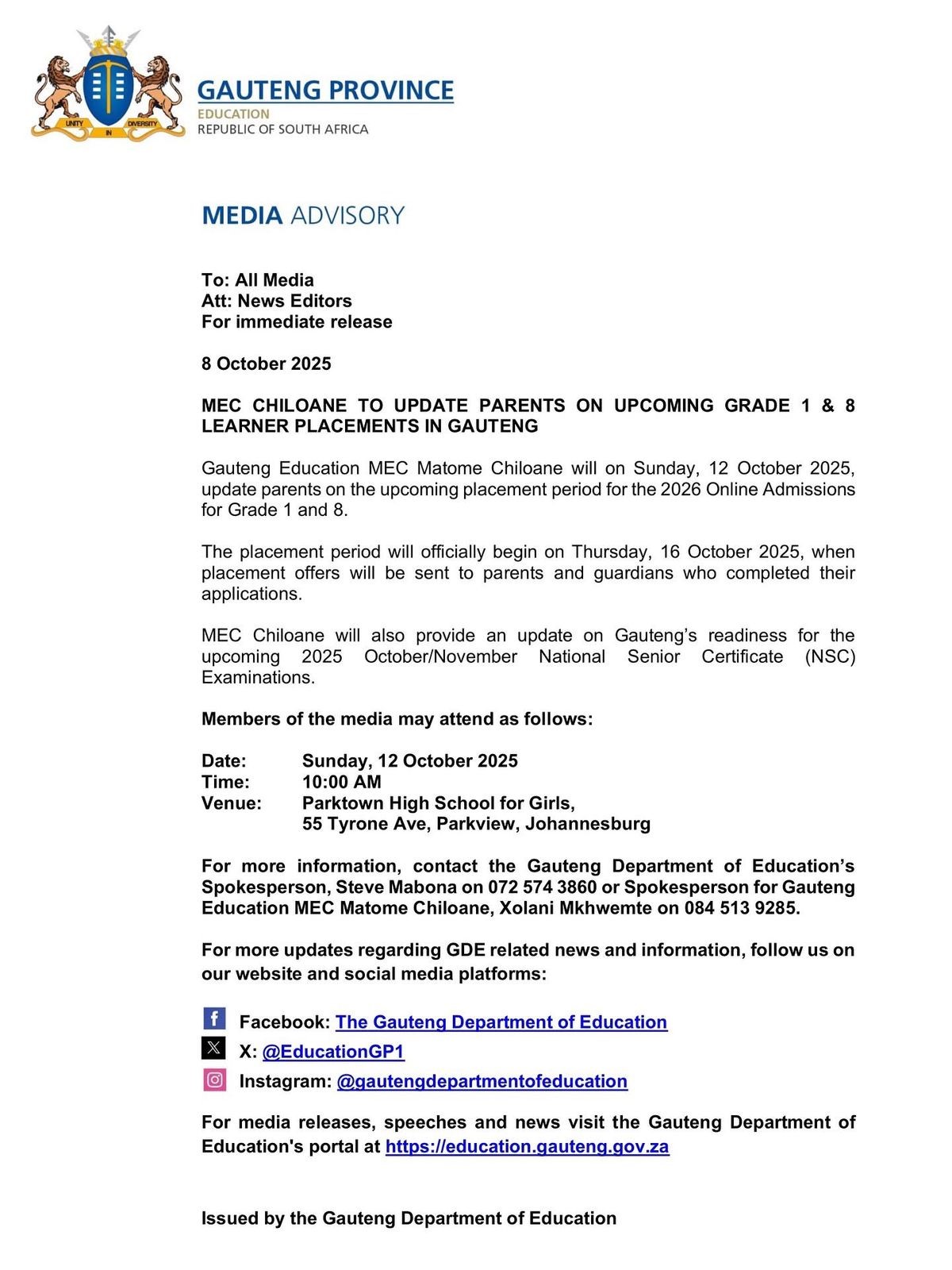 Media Advisory – Grade 1 & 8 placements for 2026. – Contantia Kloof ...